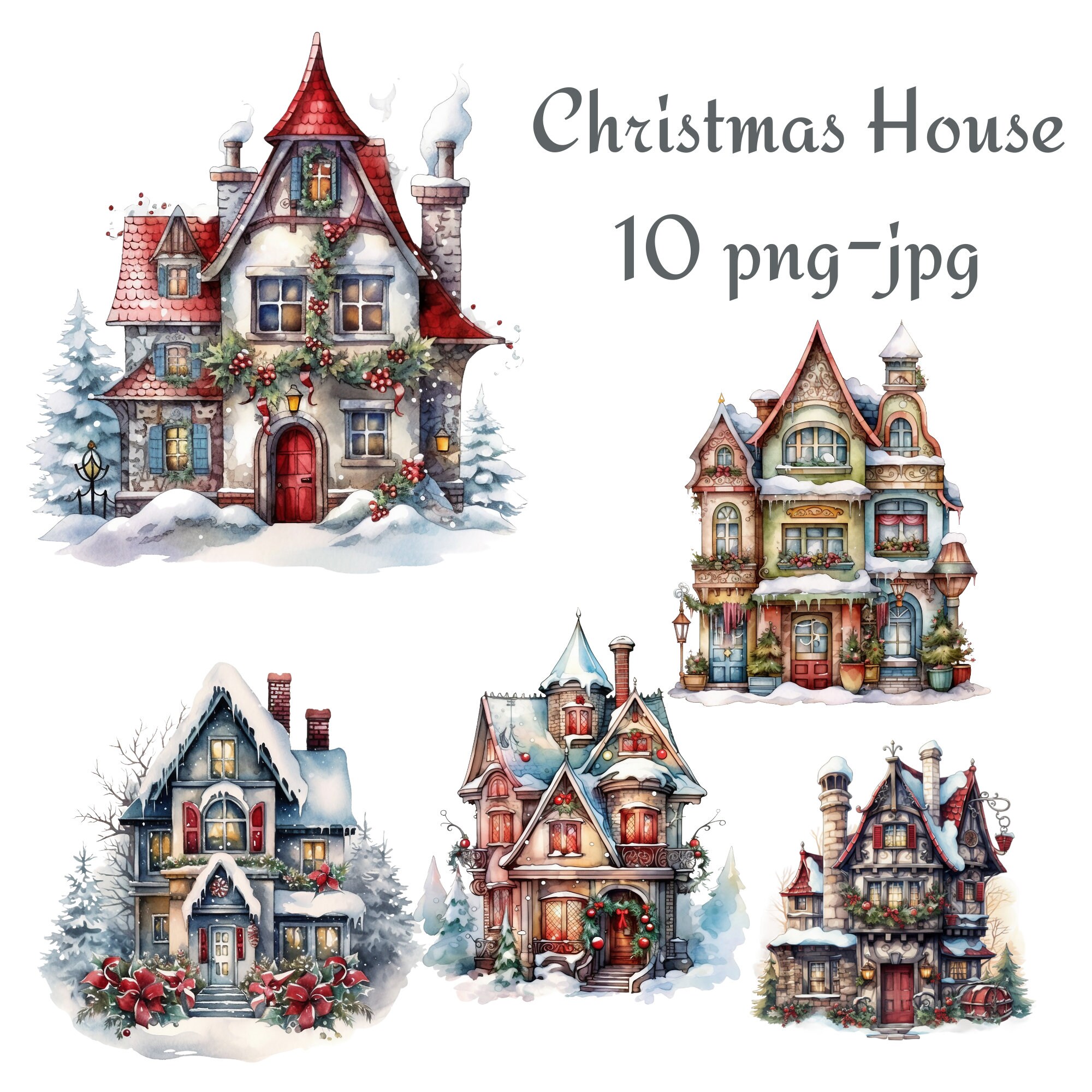 10 Christmas Watercolor House Clipart, Christmas Snowy House Clipart ...