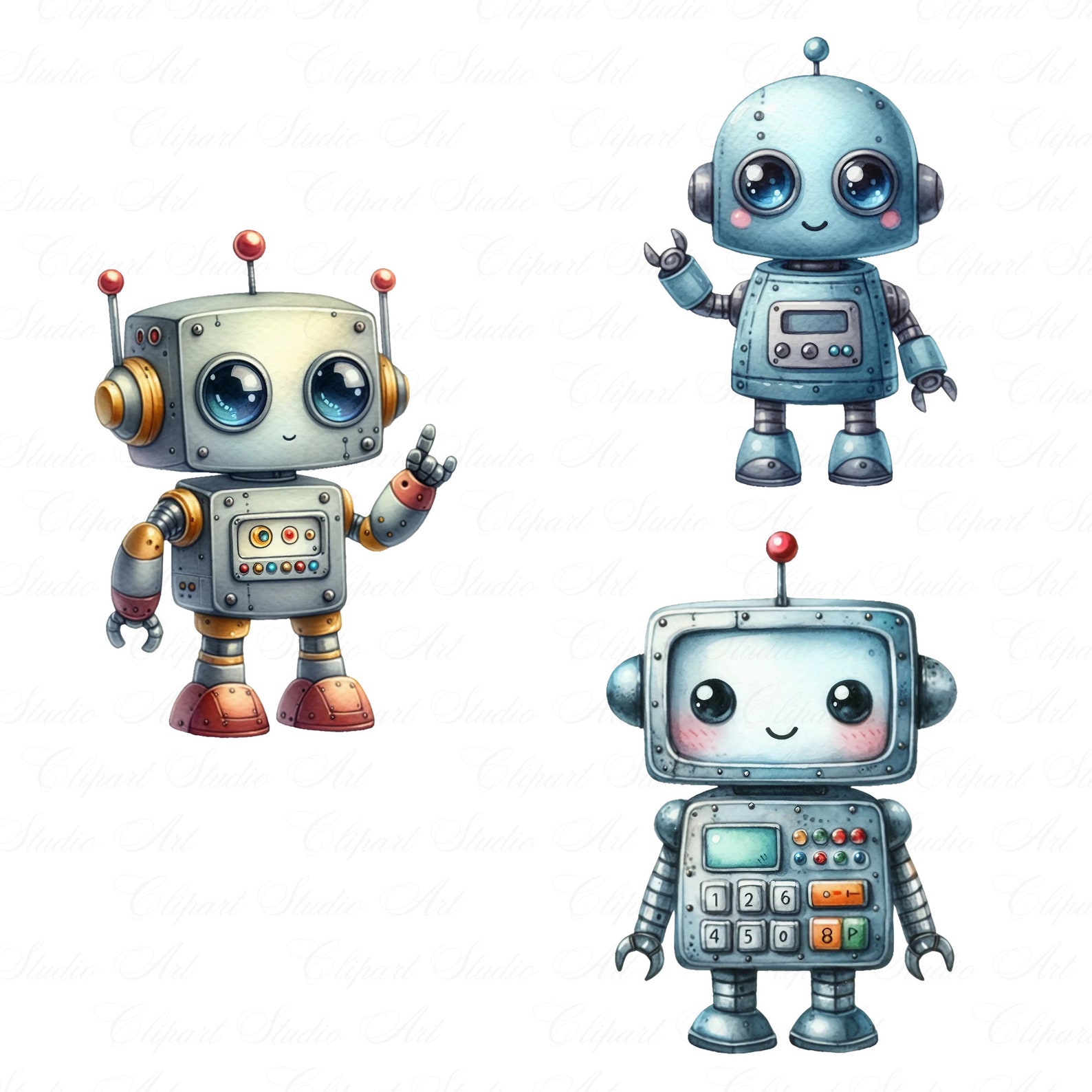 18 Cute Robots Clipart, Cute Robots Transparent Background, Watercolor ...