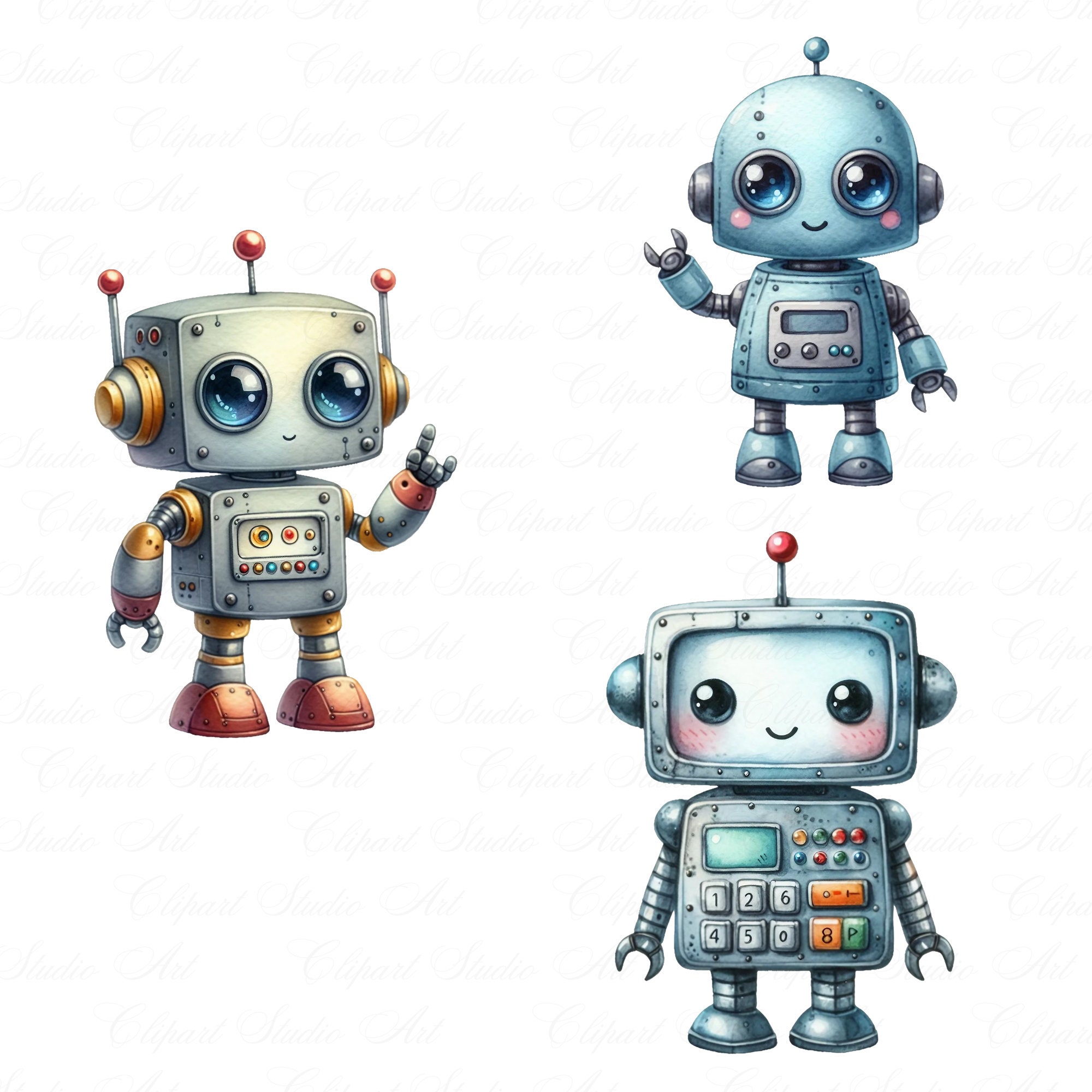 18 Cute Robots Clipart, Cute Robots Transparent Background, Watercolor ...