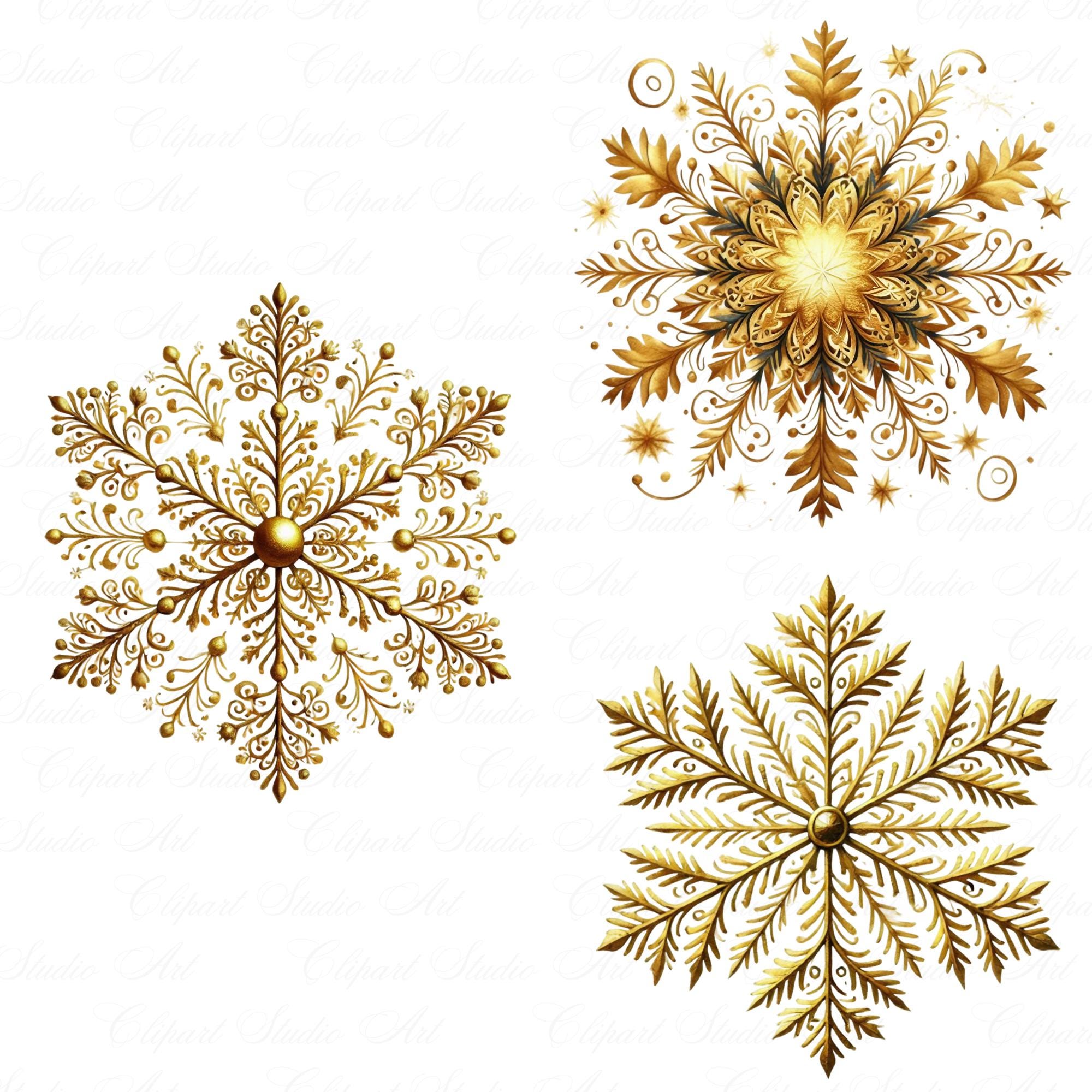 18 Gold Snowflake Clipart, Winter Snowflake Clipart, Watercolor ...