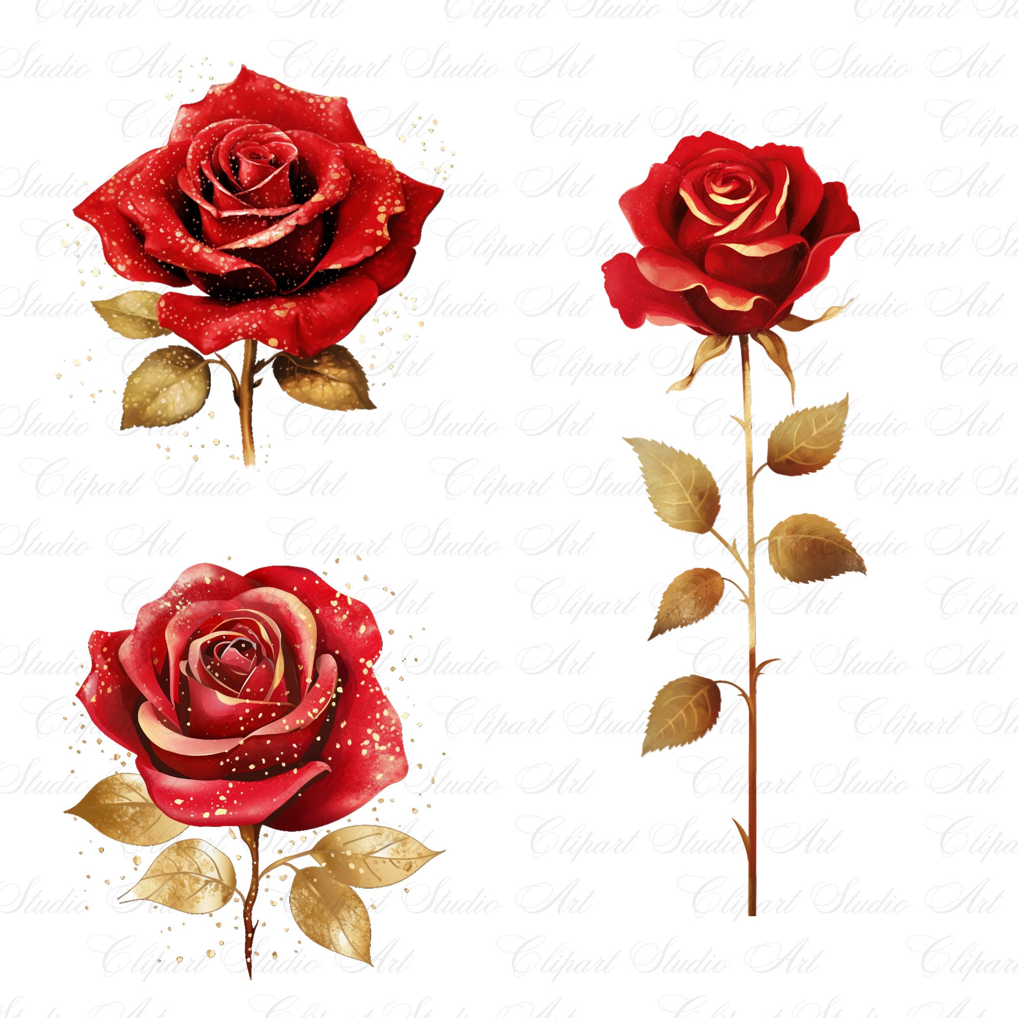 25 Red Rose With Gold Glitter Clipart, Wedding Bridal Shower Red Rose ...