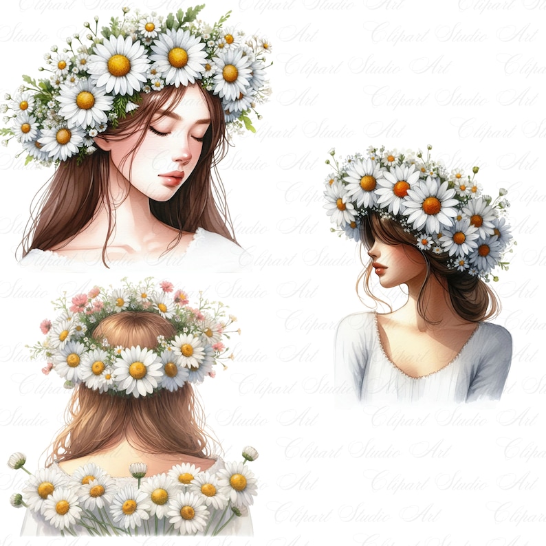 20 Daisy Crown Women's Day Clipart, Watercolor Daisy Crown Women's Day ...