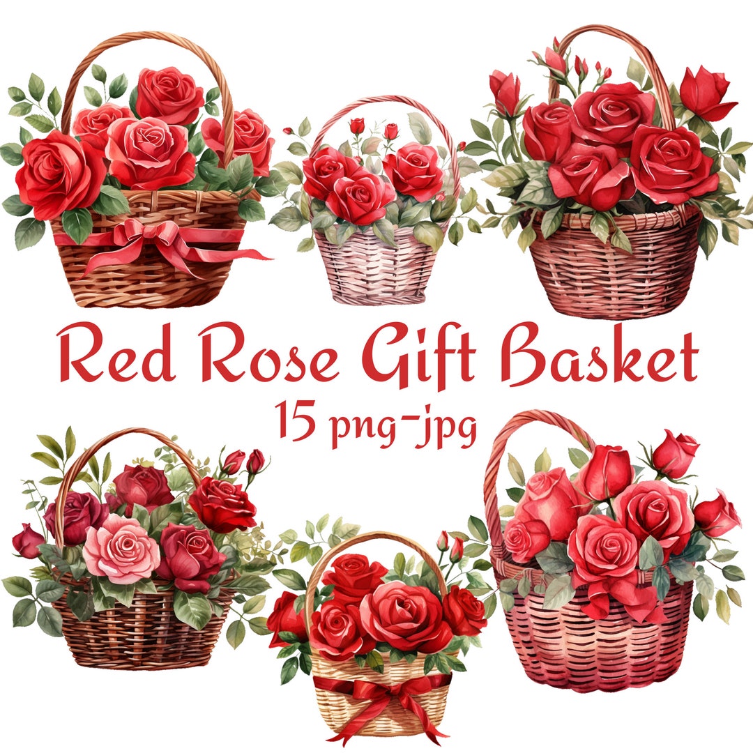 15 Red Rose Gift Basket Clipart, Wedding Bridal Shower Red Rose Gift ...