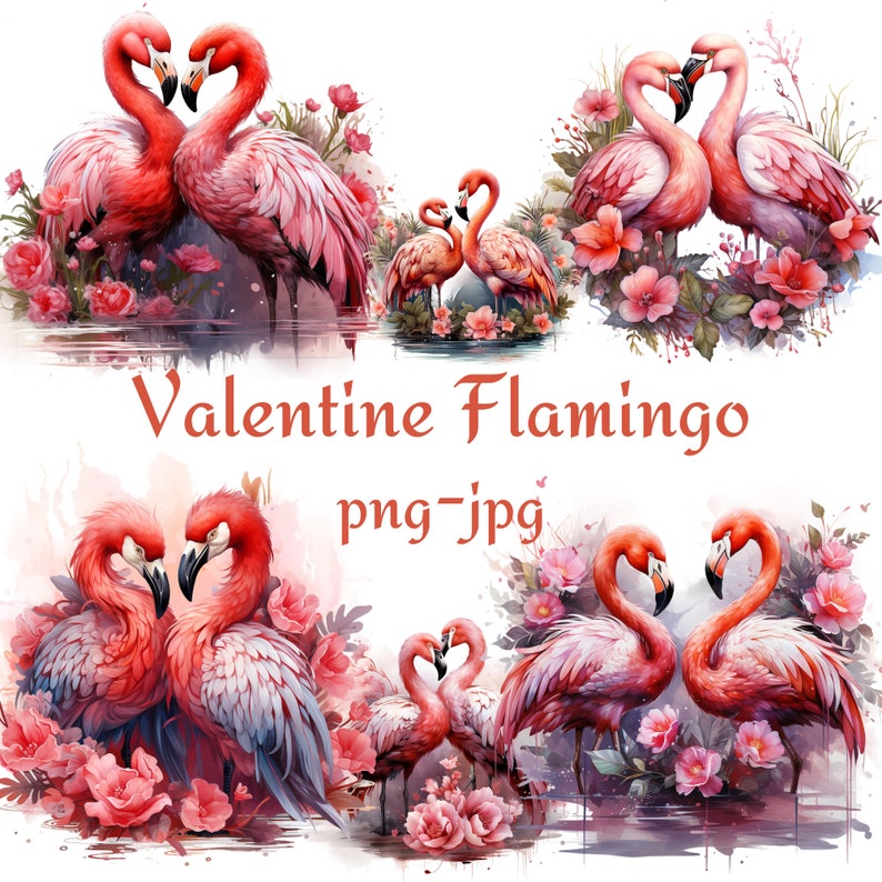 Valentine Flamingo Clipart, Floral Flamingo Clipart, Valentine Flamingo ...