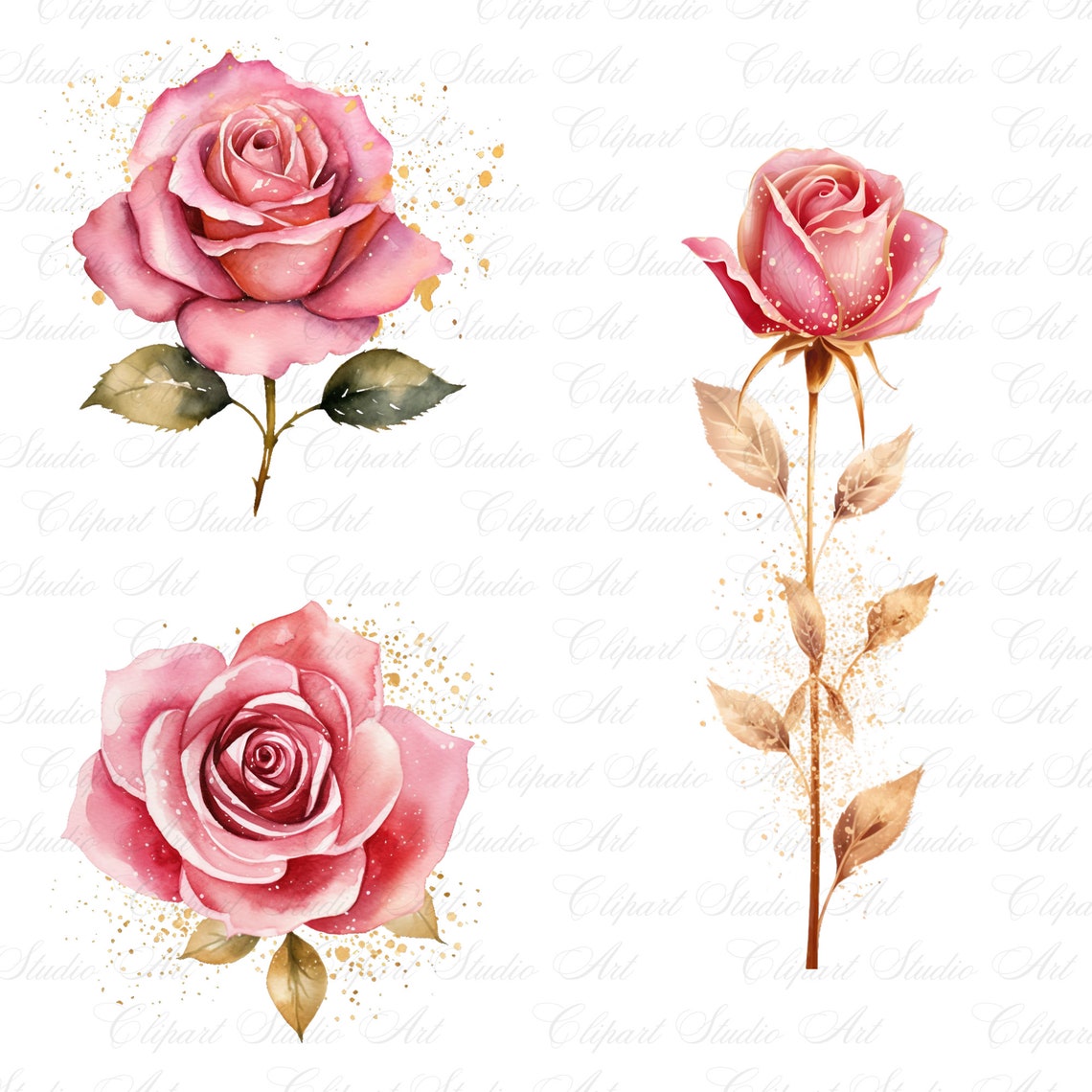 19 Pink Rose With Golden Glitter Clipart, Wedding Bridal Shower Pink ...
