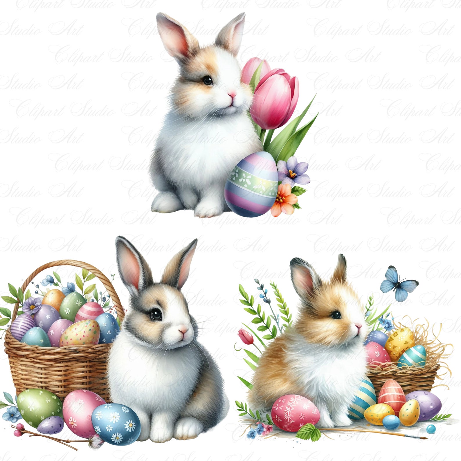 12 Easter Bunny Clipart, Flower Bunnies Clipart, Easter Egg and Easter ...