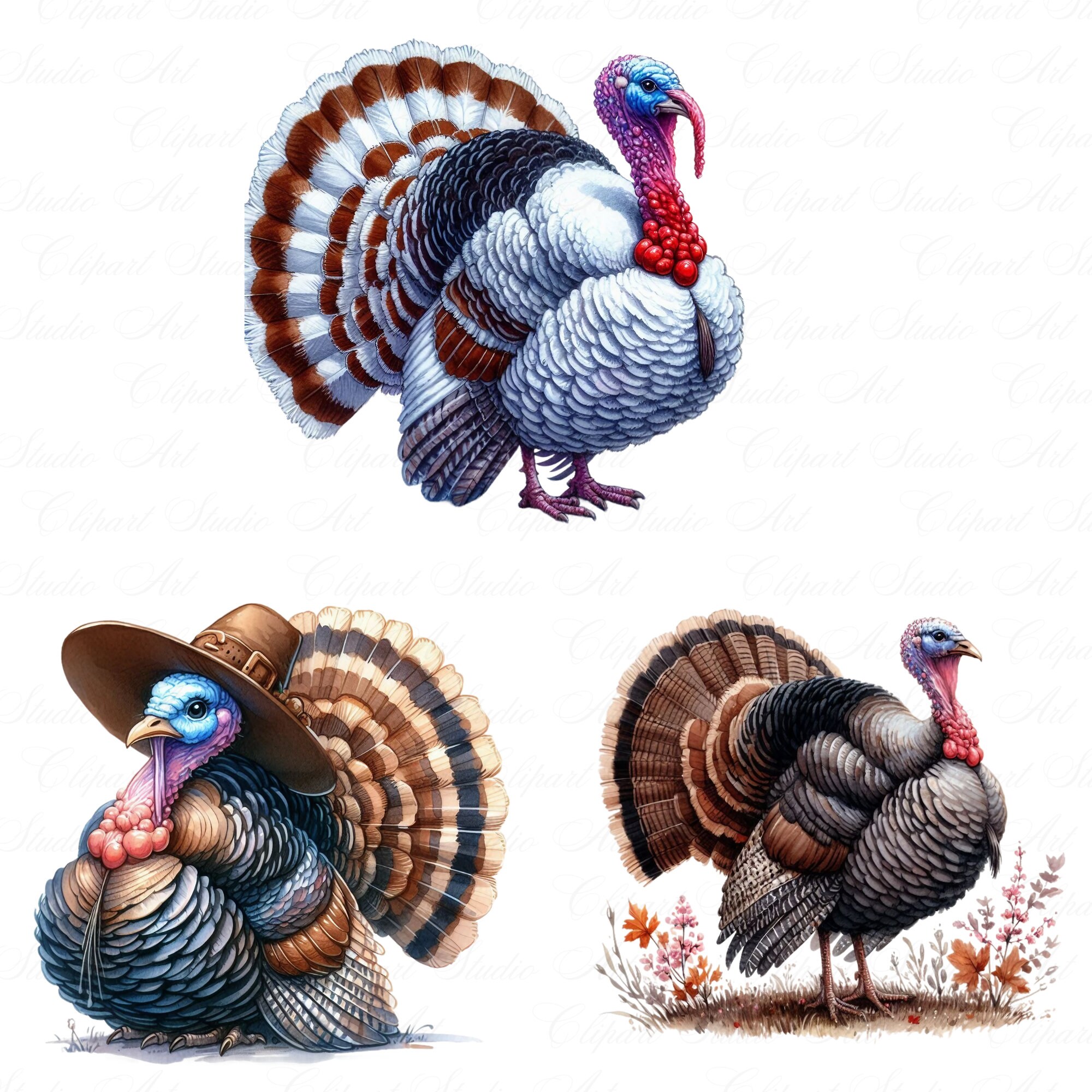 19 Turkey Clipart, Various and Colorful Turkeys Clipart, Watercolor ...