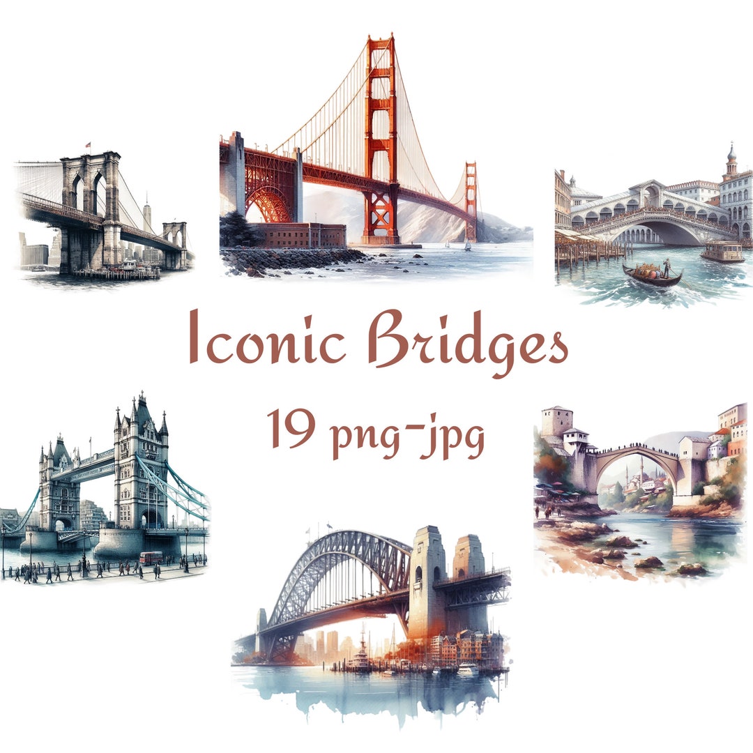19 Iconic Bridges Clipart, Icons of Cities Clipart, Watercolor Iconic ...