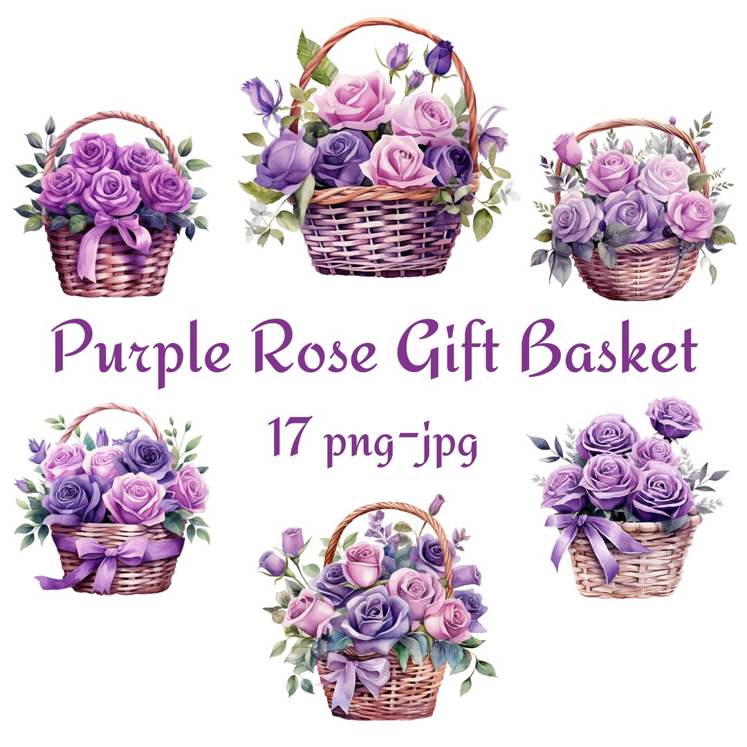 17 Purple Rose Gift Basket Clipart, Wedding Bridal Shower Purple Rose ...
