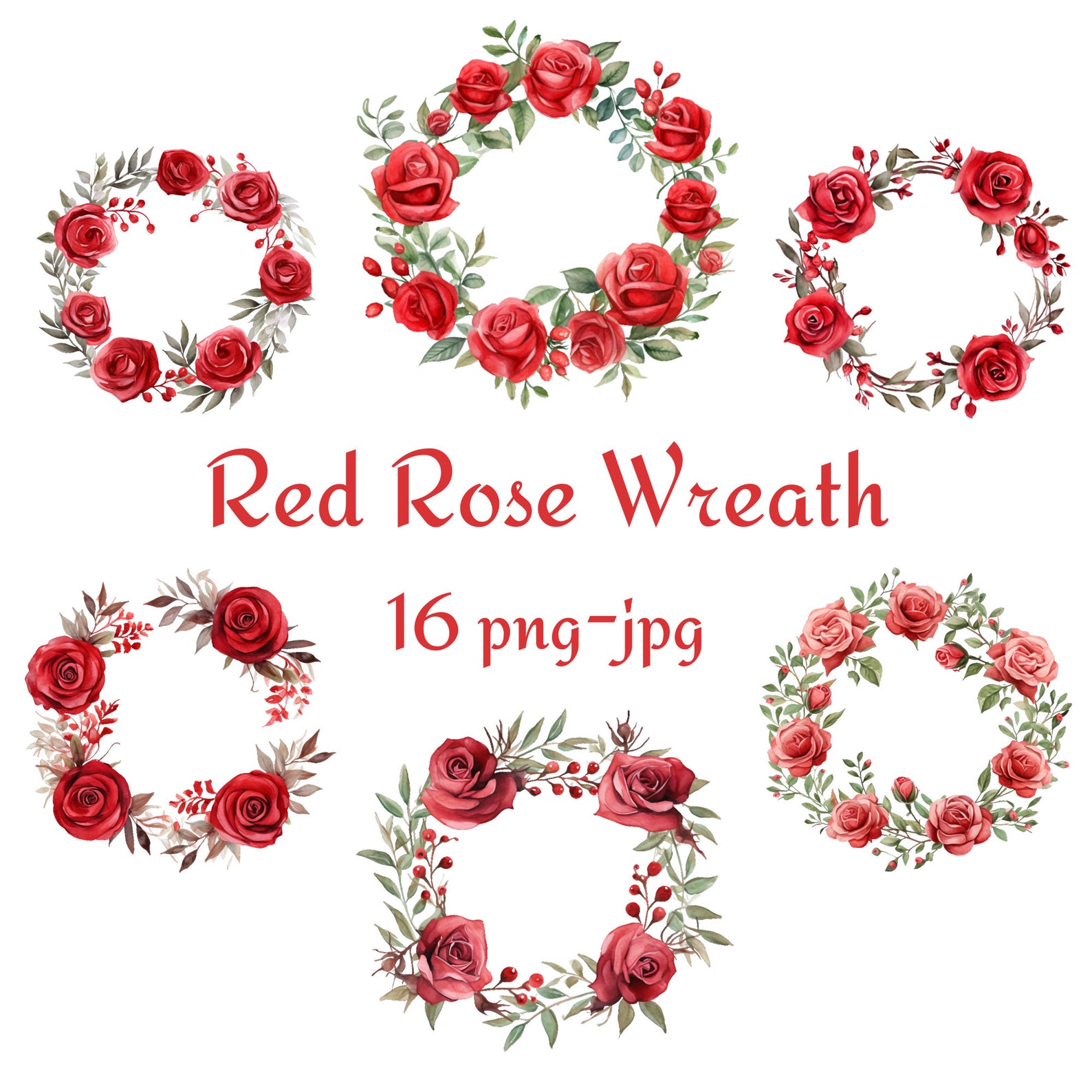 16 Red Rose Wreath Clipart, Wedding Bridal Shower Red Rose Wreath ...