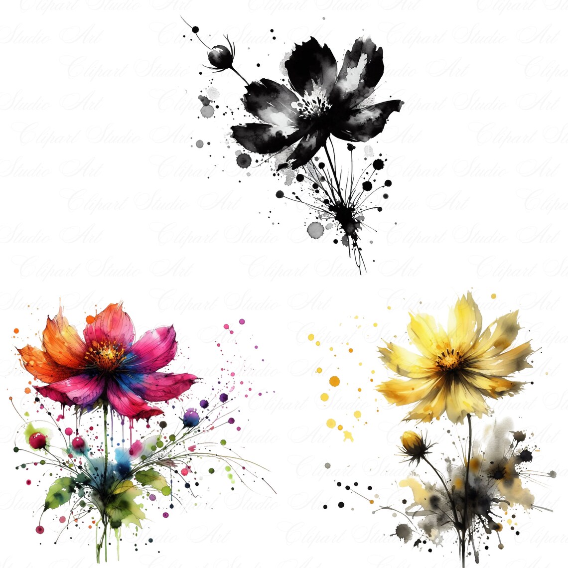 31 Flower Ink Splash Clipart, Flower Ink Splash Clipart, Watercolor ...