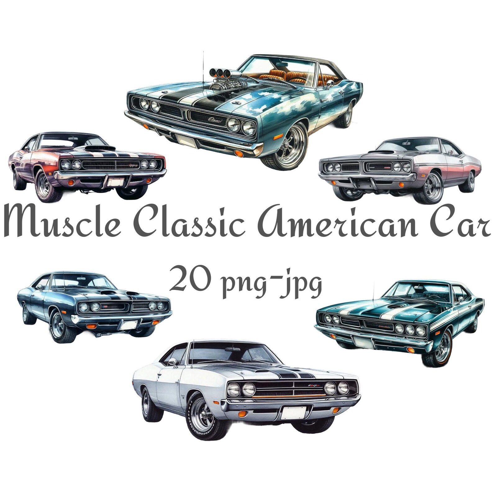 20 Muscle Classic American Car Clipart, Wedding Bridal Shower Muscle ...