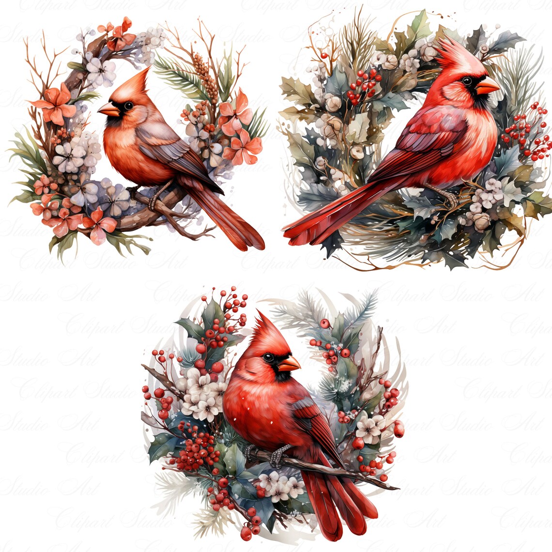 13 Red Cardinal Wreath Clipart, Red Cardinal Christmas Clipart ...