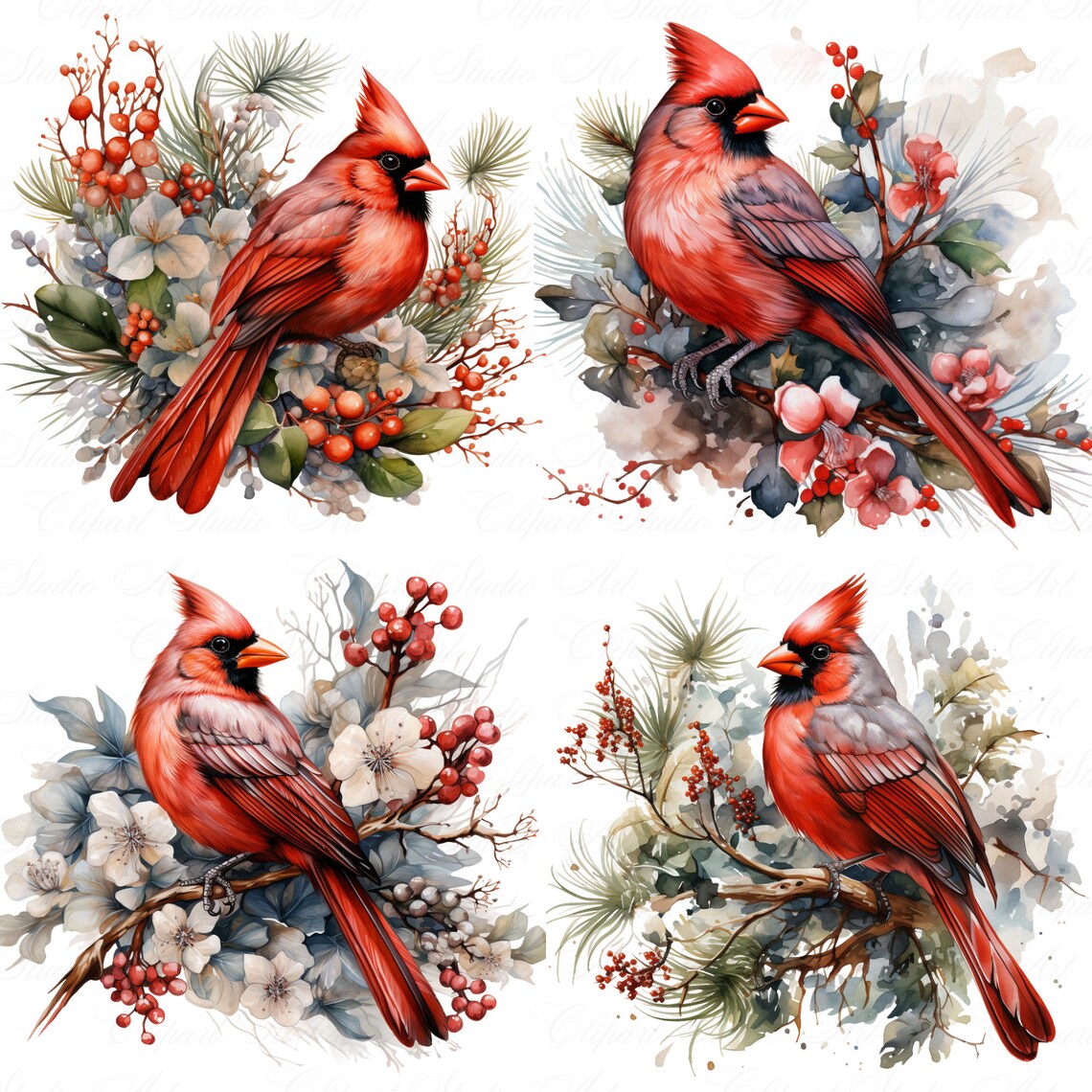 14 Red Cardinal Christmas Floral Clipart, Cardinal Birds Gift Clipart ...