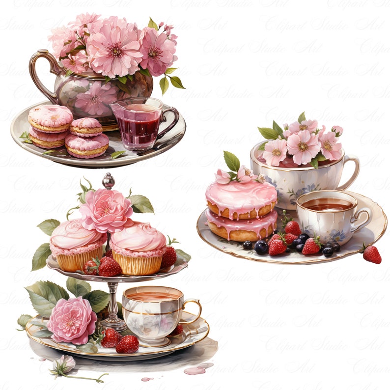 12 Cute Tea Party Watercolor Clipart, Floral Tea Party Clipart ...