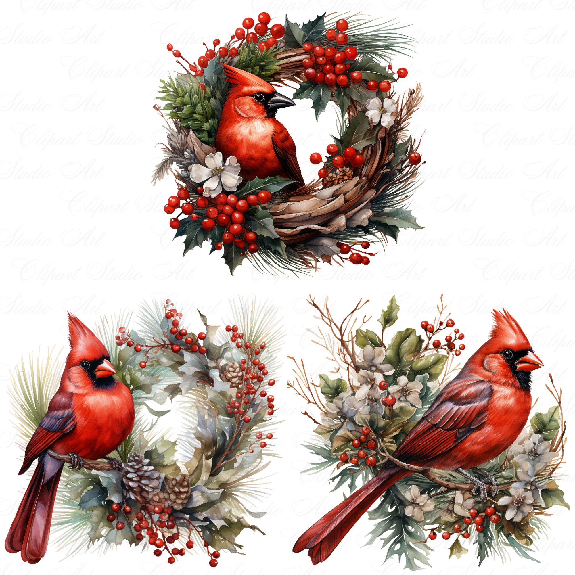 13 Red Cardinal Wreath Clipart, Red Cardinal Christmas Clipart ...