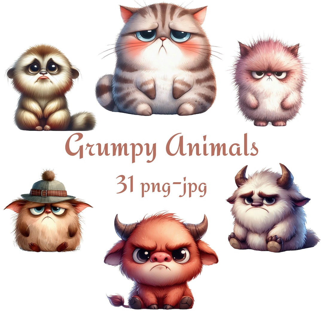 31 Grumpy Animals Clipart, Funny Grumpy Animals Clipart, Watercolor ...