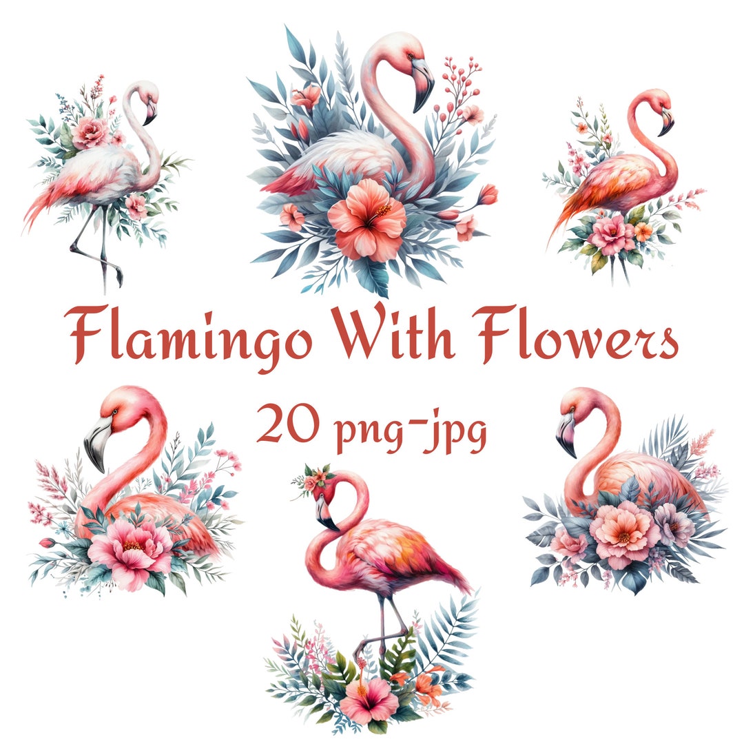 20 Flamingo With Flowers Clipart, Tropical Flamingo Clipart, Watercolor ...