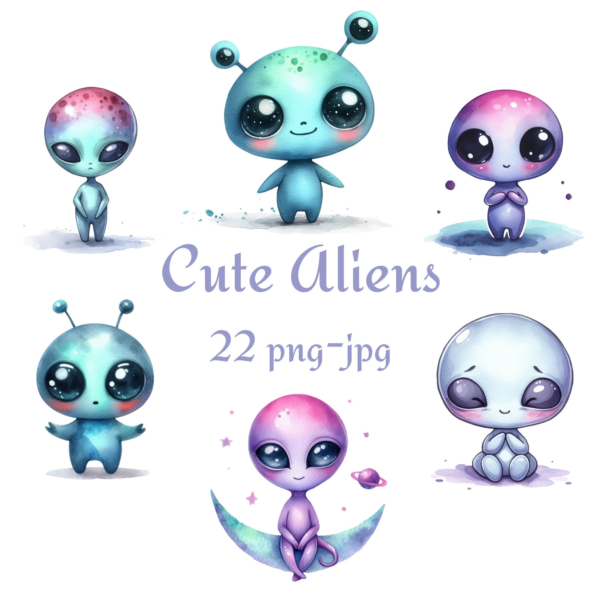 22 Cute Aliens Clipart, Cute Creatures Clipart, Watercolor Baby Aliens ...