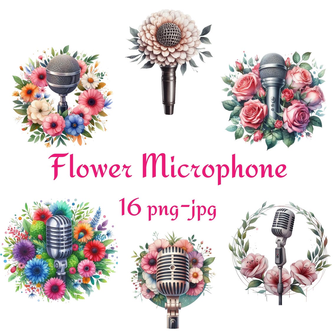 16 Flower Microphone Clipart, Superstar Flower Microphone Clipart, Watercolor Microphone High ...
