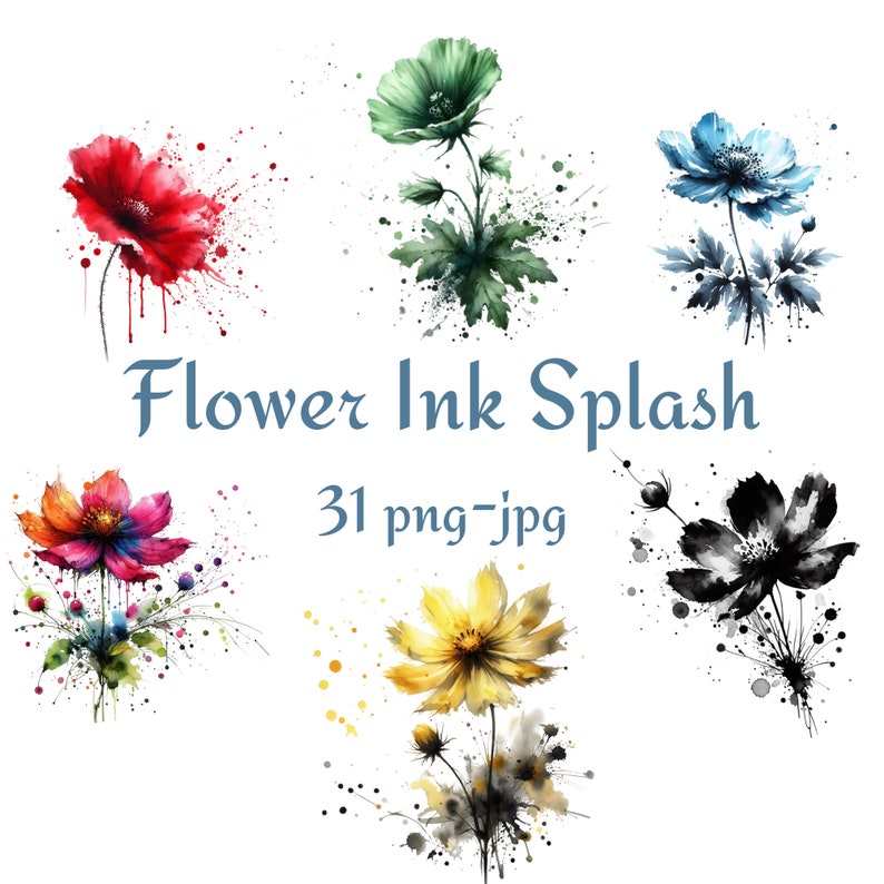 31 Flower Ink Splash Clipart, Flower Ink Splash Clipart, Watercolor ...