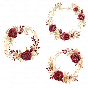 18 Burgundy Wreath Rose With Golden Glitter Clipart, Wedding Bridal ...