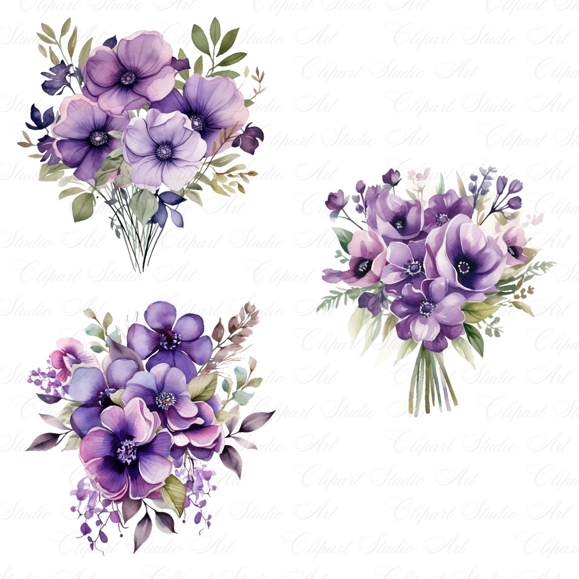 15 Violet Flower Bouquet Clipart, Wedding Bridal Shower Violet Flower ...