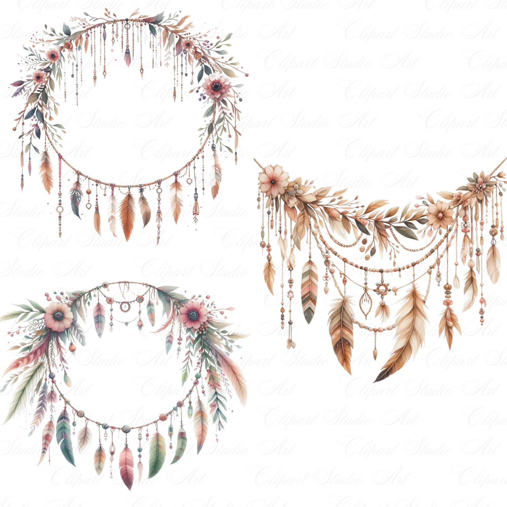 27 Bohemian Wreath Clipart, Watercolor Boho Flower Garland Clipart ...