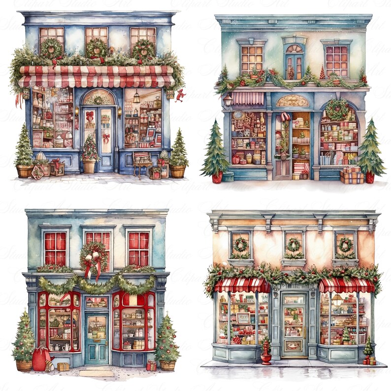 14 Christmas Vintage Store Clipart, Christmas Decorated Stores Clipart ...