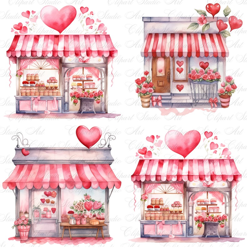Valentine Candy Shop Clipart, Valentine Shop Watercolor Clipart ...