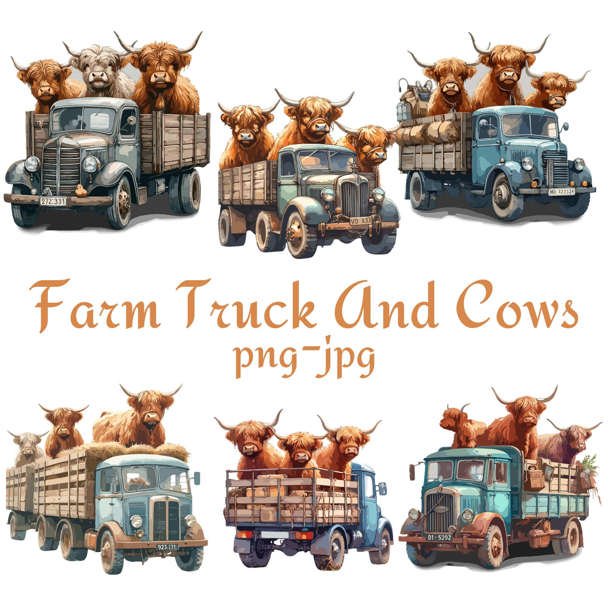 Farm Truck and Cows Clipart, Three Highland Cows Behind the Farm Truck ...