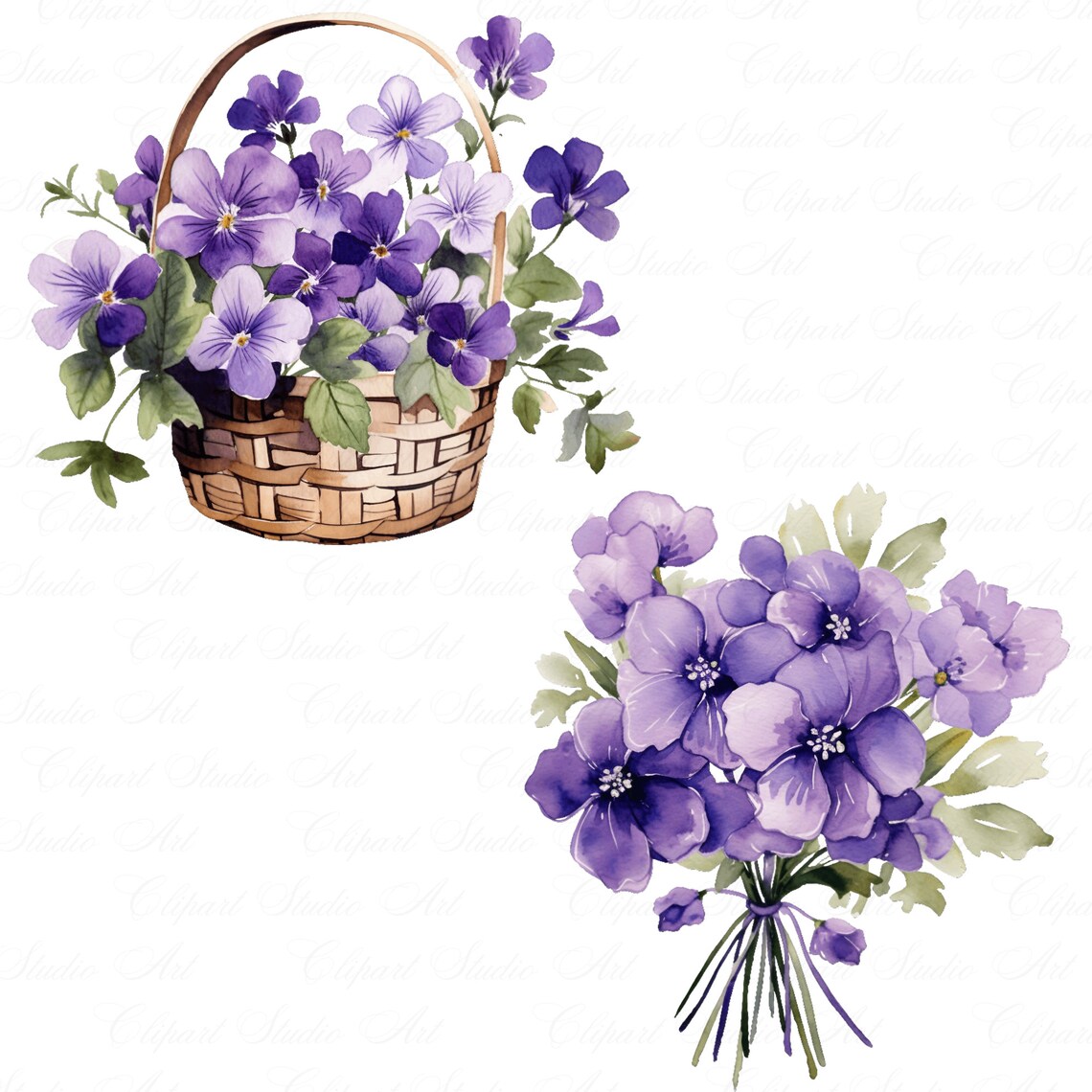97 Violet Flower Bundle Clipart, Basket, Bouquet, Flower, Wreath ...