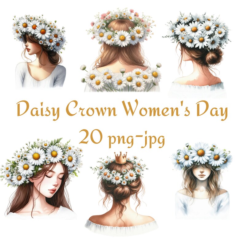 20 Daisy Crown Women's Day Clipart, Watercolor Daisy Crown Women's Day ...