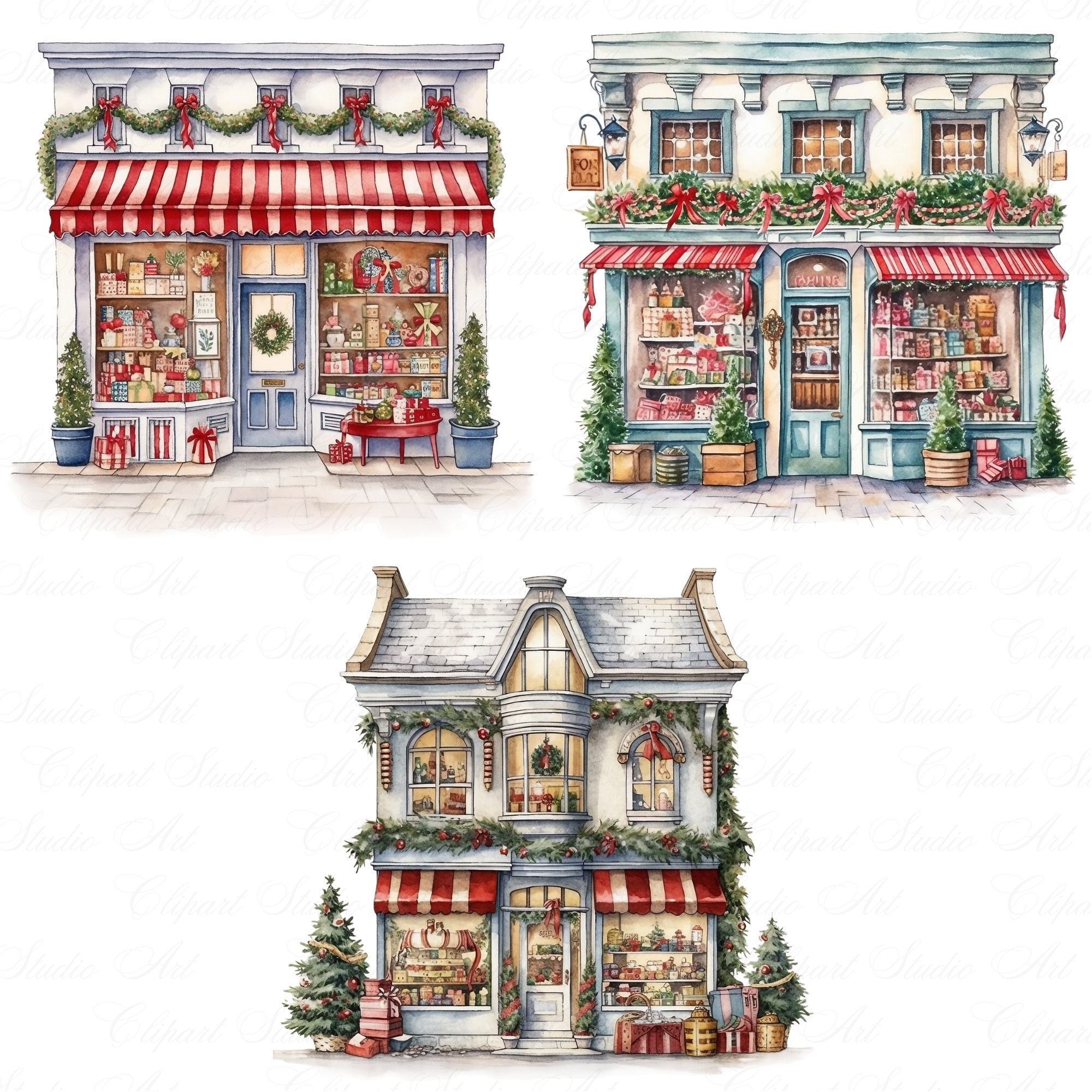 14 Christmas Vintage Store Clipart, Christmas Decorated Stores Clipart ...