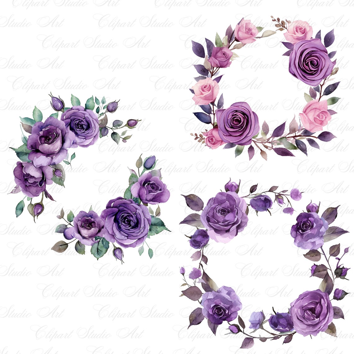 23 Purple Rose Wreath Clipart, Wedding Bridal Shower Purple Rose ...