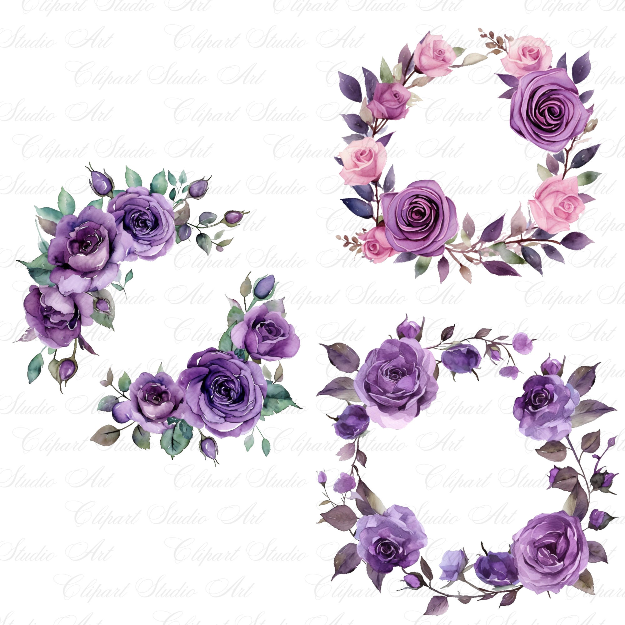 23 Purple Rose Wreath Clipart, Wedding Bridal Shower Purple Rose ...
