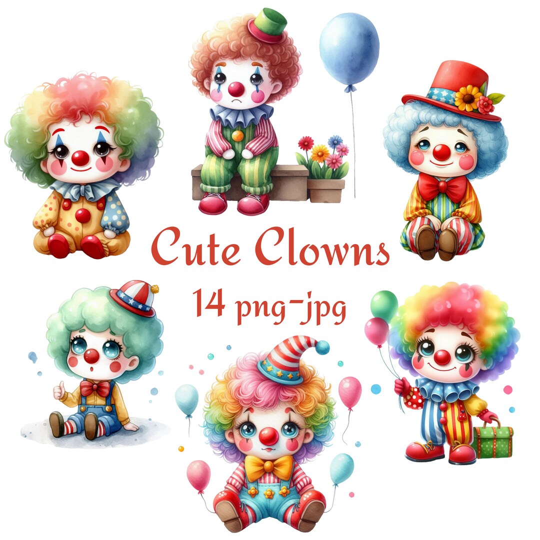 14 Cute Clowns Clipart, Watercolor Cute Clowns Clipart, Watercolor Cute ...