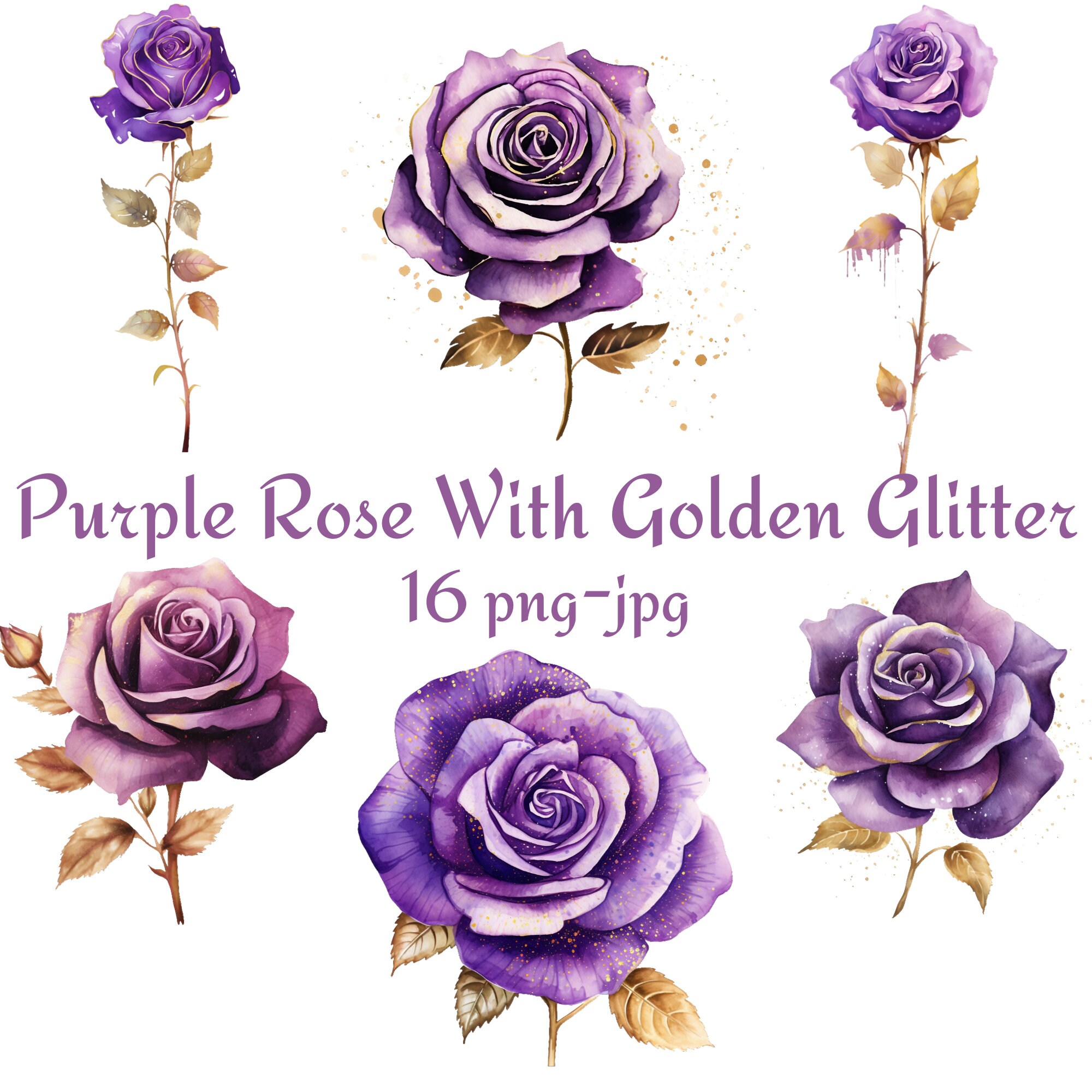 16 Purple Rose With Golden Glitter Clipart, Wedding Bridal Shower ...