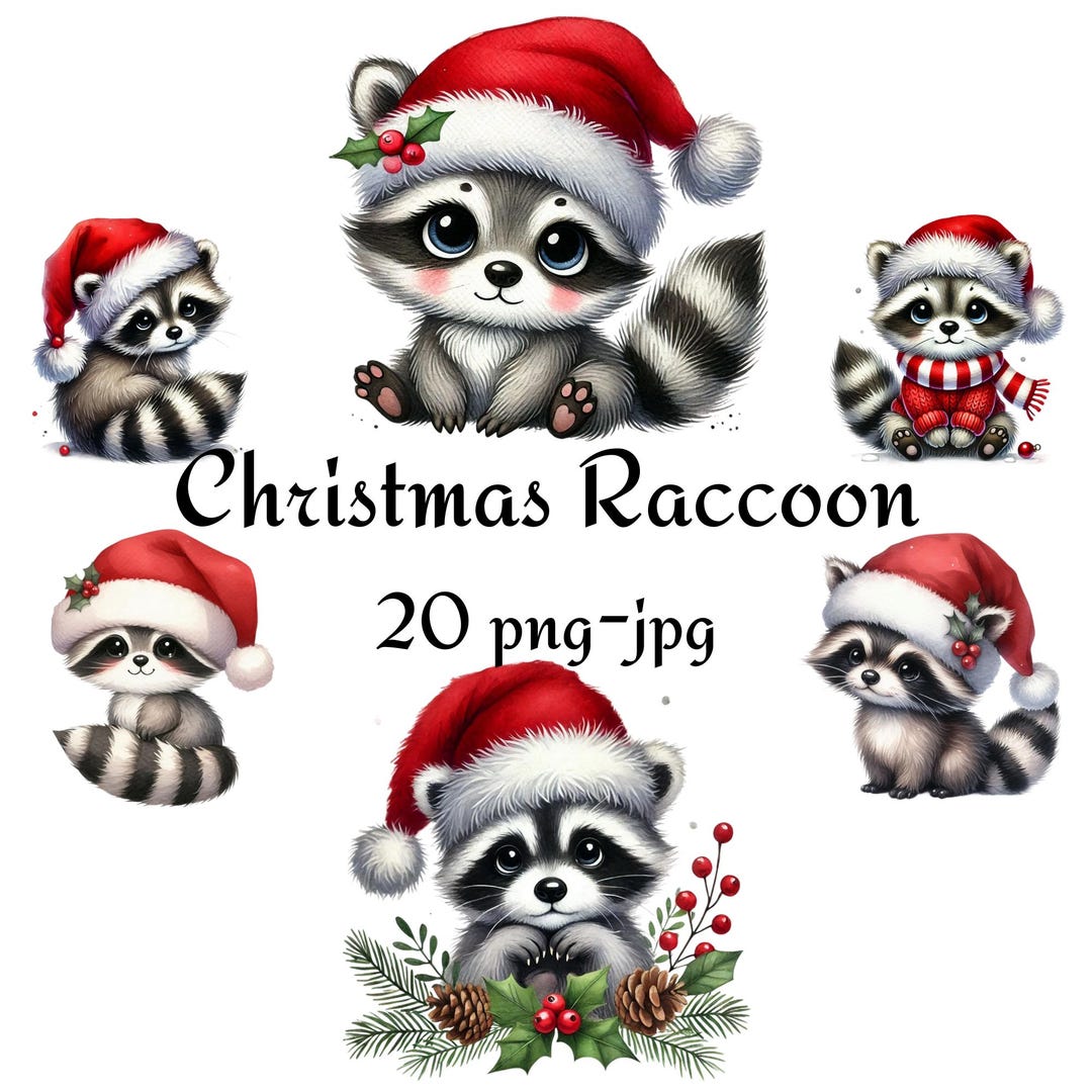20 Christmas Raccoon Clipart, Raccoon Santa Hat Clipart, Watercolor ...