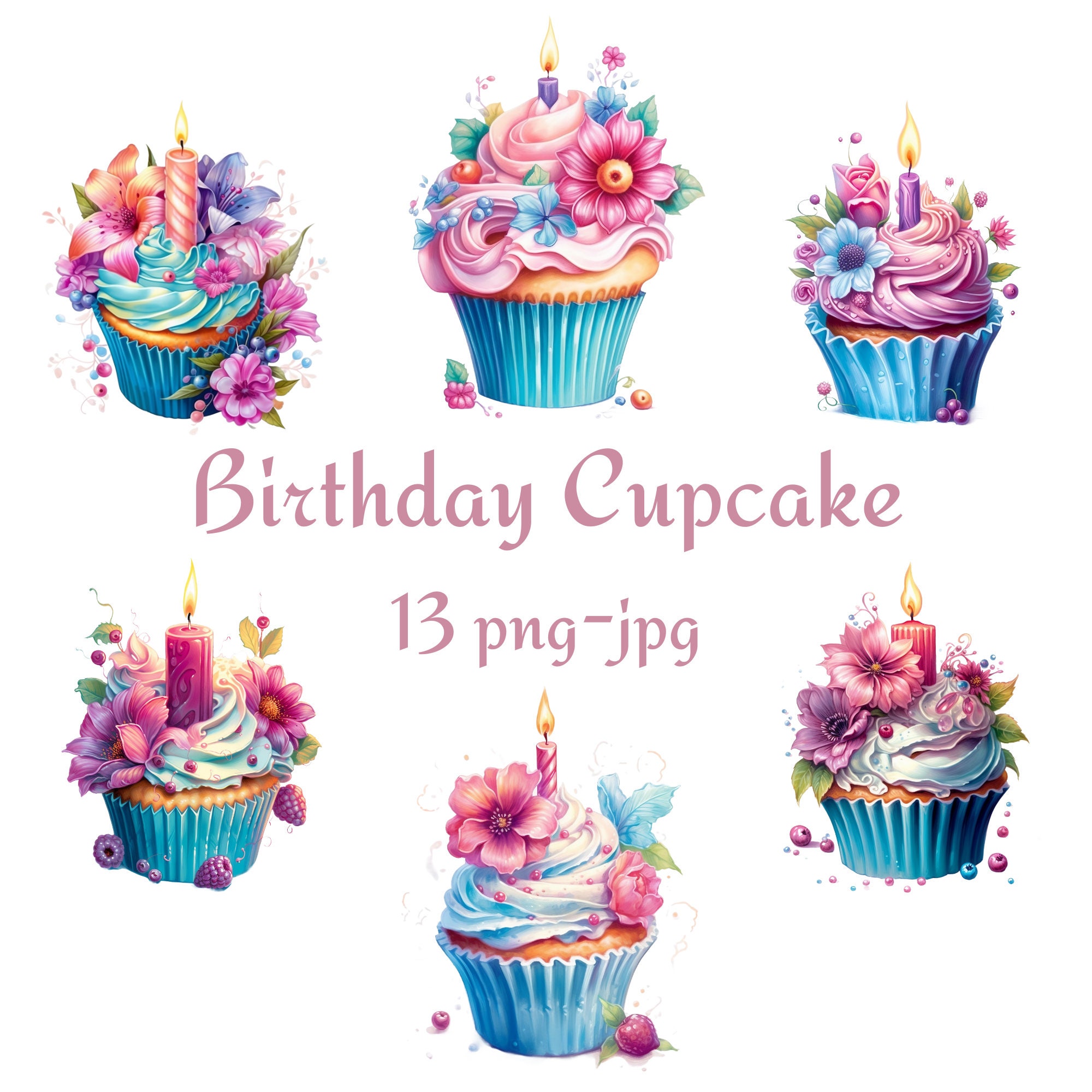 13 Birthday Cupcake Baking Clipart, Watercolour Birthday Candle Cupcake ...