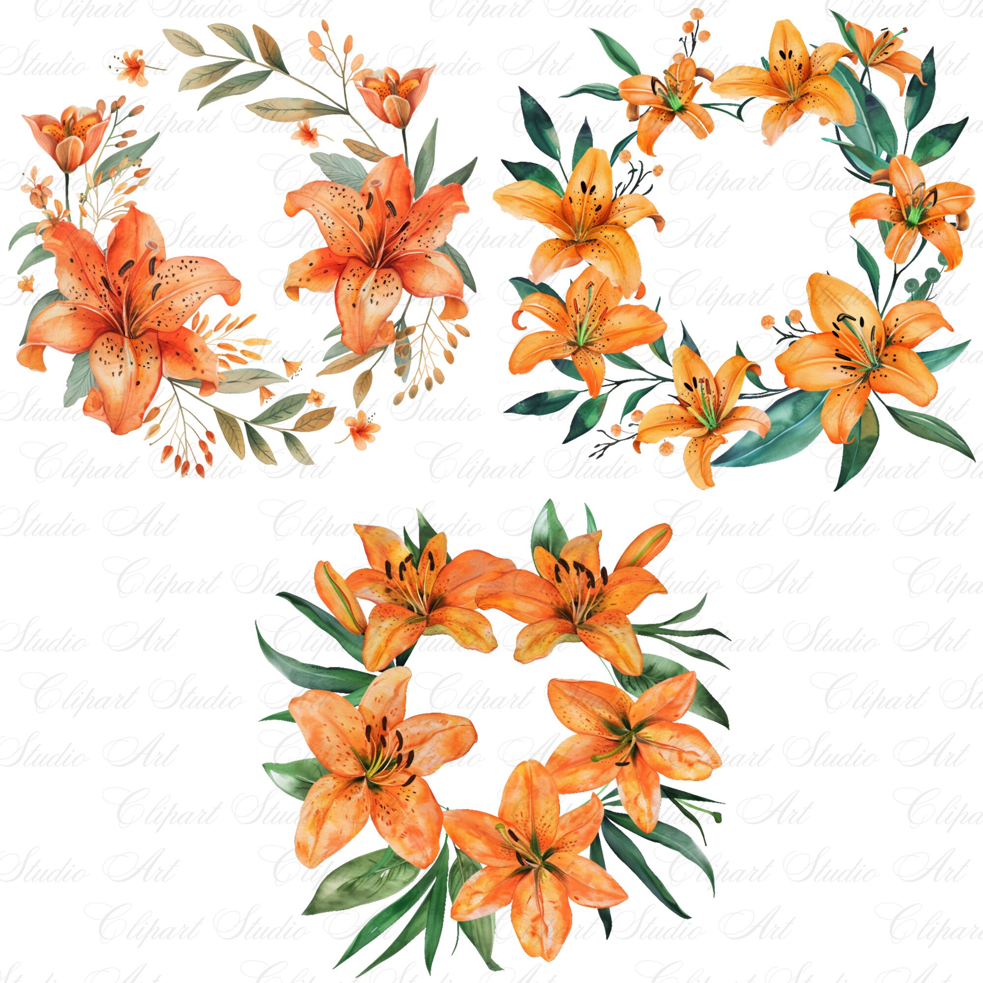 17 Orange Lily Wreath Clipart, Wedding Bridal Shower Orange Lily Wreath ...