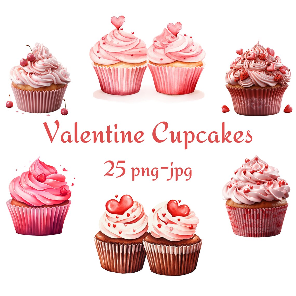 25 Valentine Cupcakes Clipart, Watercolor Valentine Cupcakes Clipart ...