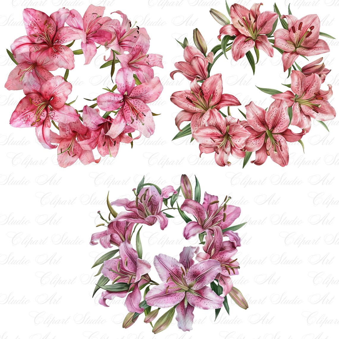 17 Pink Lily Wreath Clipart, Wedding Bridal Shower Pink Lily Wreath ...