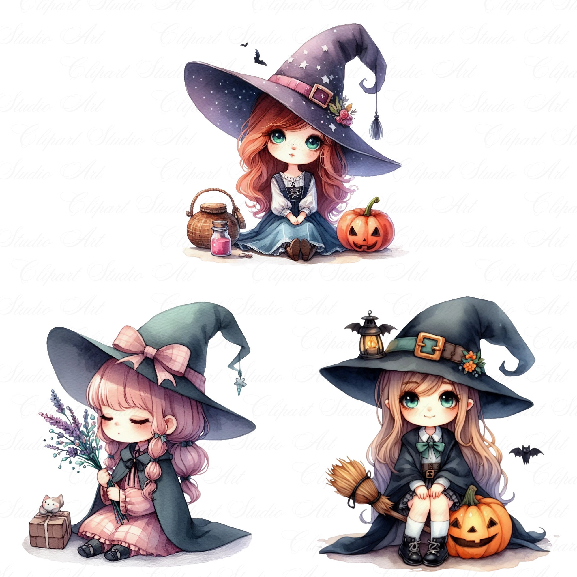 22 Cute Witches Clipart, Little Witch Clipart, Watercolor Cute Witches ...