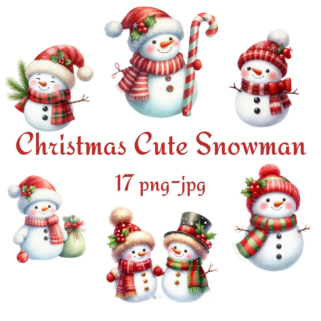 17 Christmas Cute Snowman Clipart, Christmas Winter Clipart, Watercolor ...