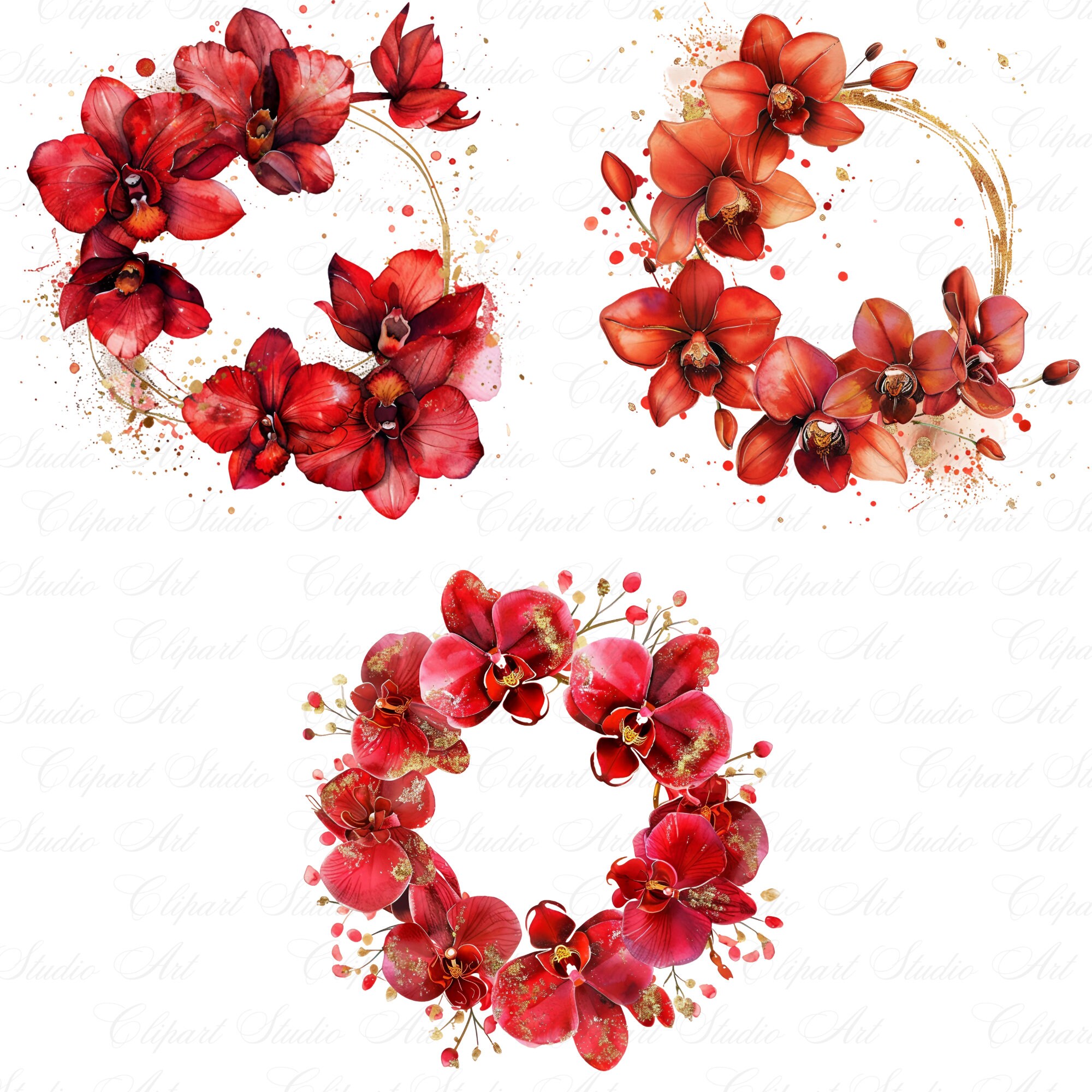 23 Red Orchid Wreath With Golden Glitter Clipart, Wedding Bridal Shower ...