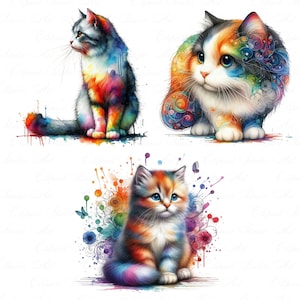 15 Colorful Art Cat Clipart, Colorful Cute Cats Clipart, Watercolor ...