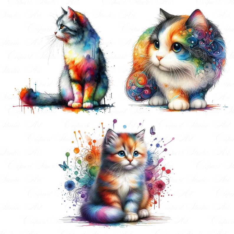 15 Colorful Art Cat Clipart, Colorful Cute Cats Clipart, Watercolor ...