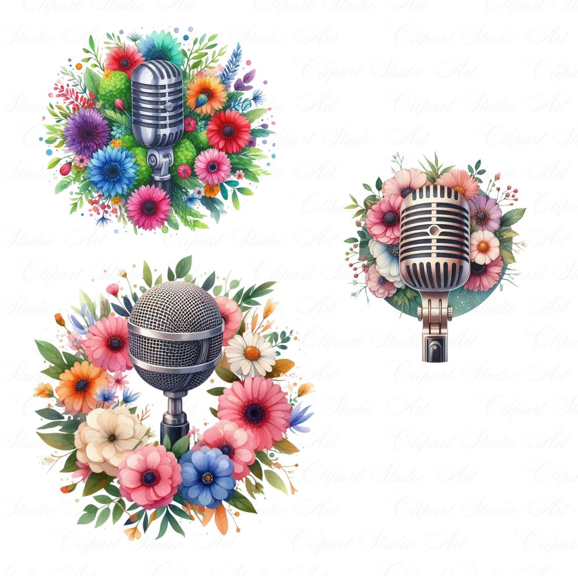 16 Flower Microphone Clipart, Superstar Flower Microphone Clipart, Watercolor Microphone High ...