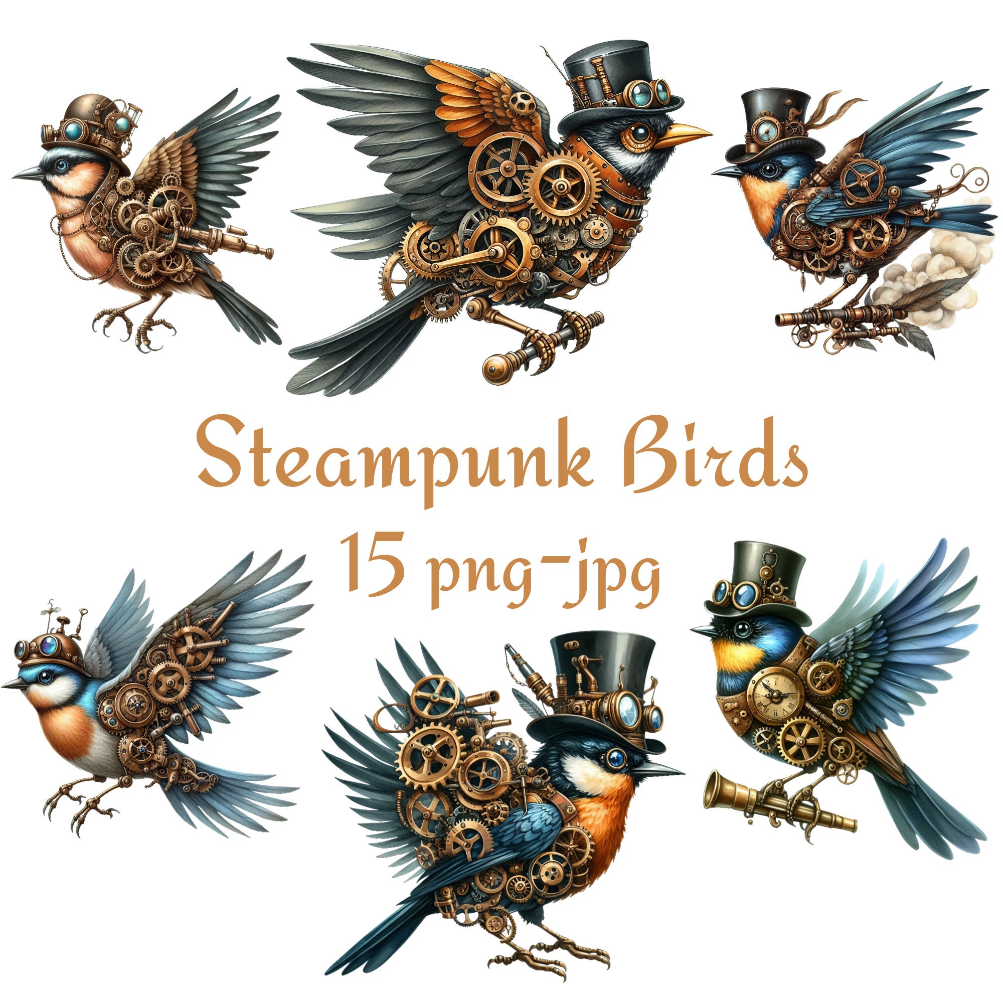 15 Steampunk Birds Clipart, Watercolor Steampunk Birds Clipart ...